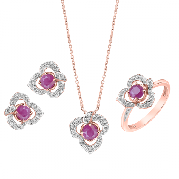 Buy Rose Gold Ruby Blossom Pendant Set Online in Dubai.
