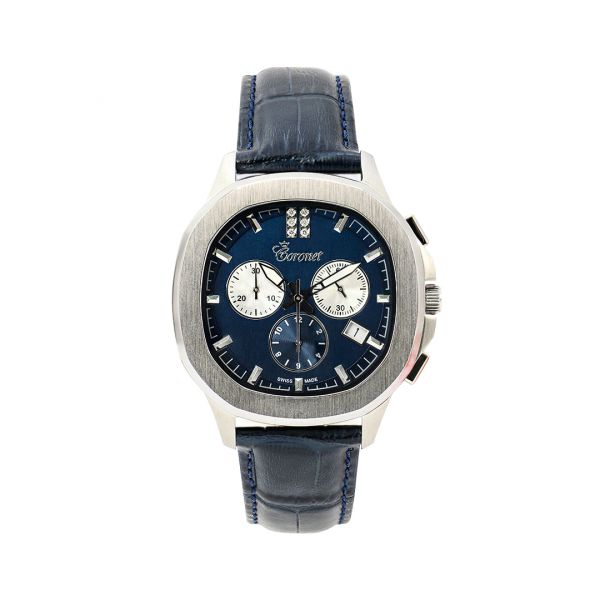 Buy Coronet Swiss Made Navy Blue Leather Strap Watch for Men